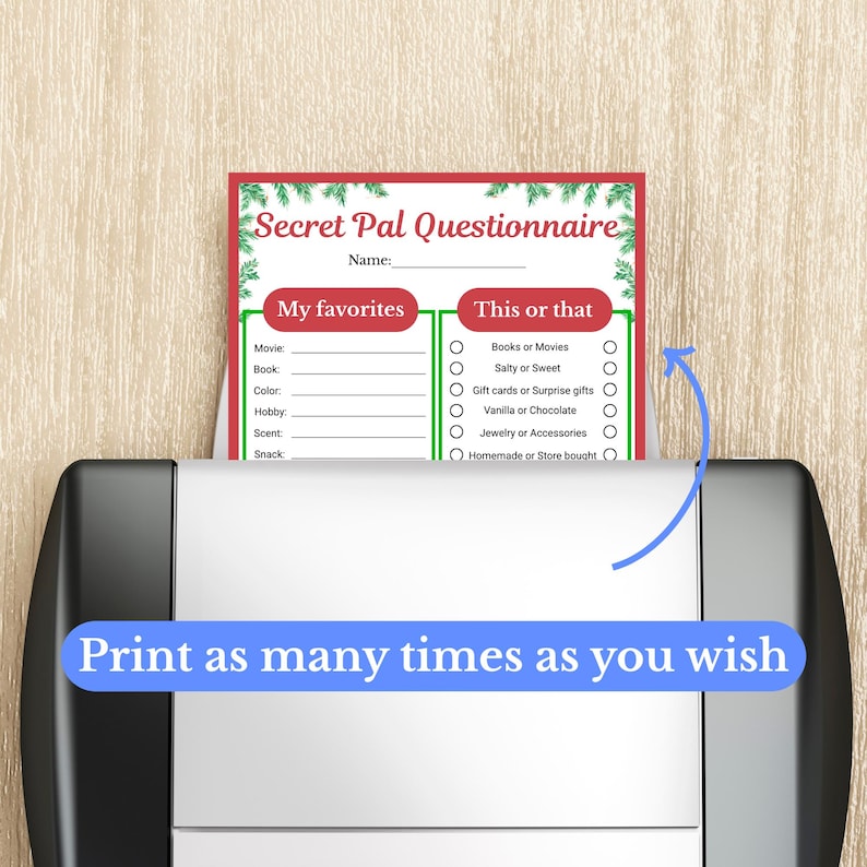 Secret Pal Questionnaire Printable, Secret Santa Question, Secret Pal ...