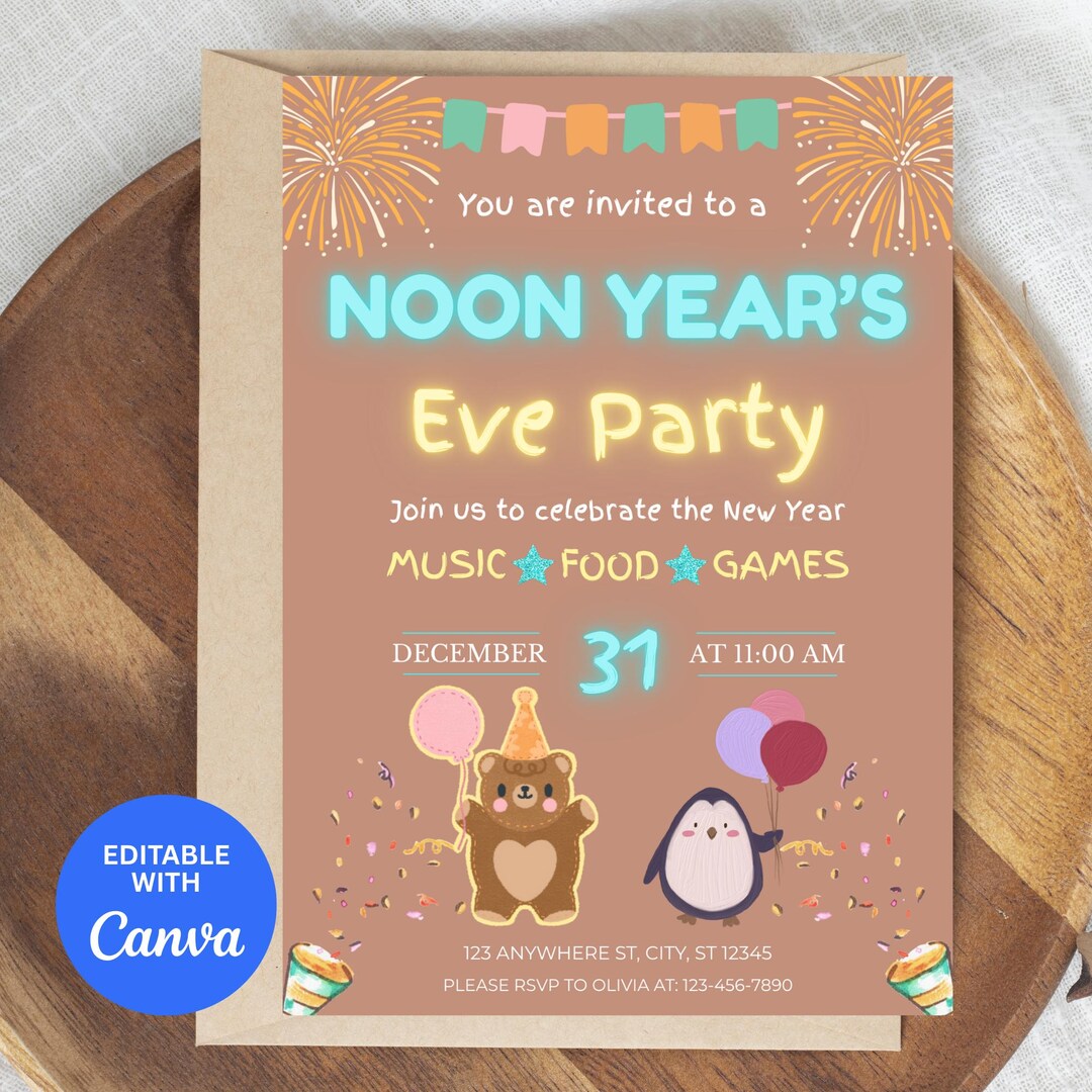 Noon Years Eve Party Invitations Editable Template, New Years Eve Kids ...