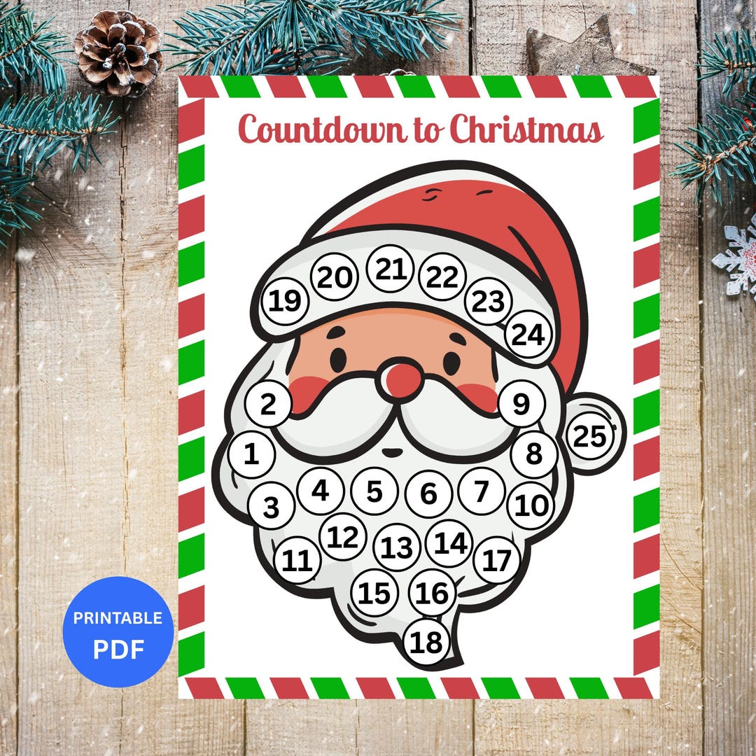 Santa Beard Countdown Printable PDF, 25 Days Til Christmas, Cotton Ball ...