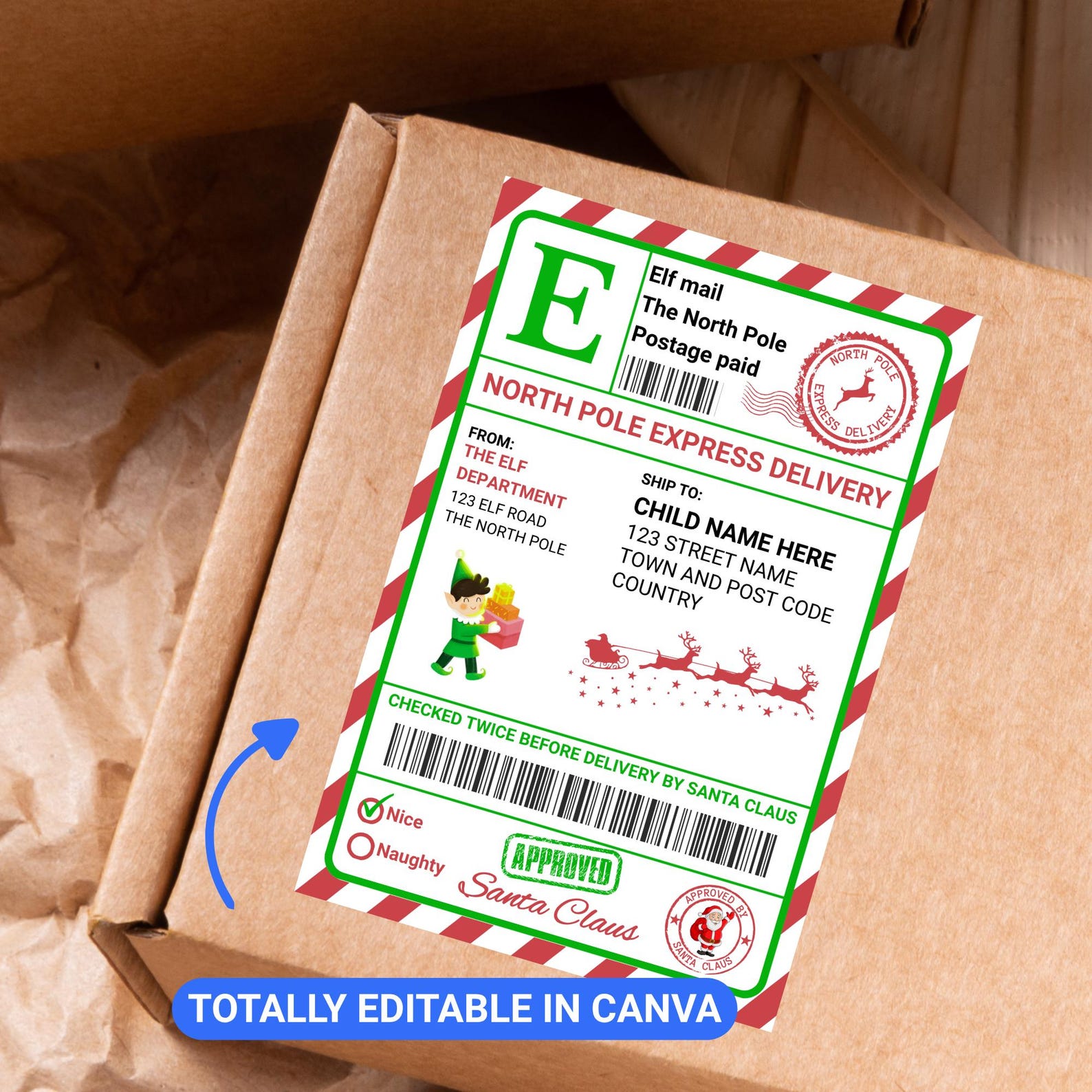 Elf Postage Label, Template Editable, Elf Mail Shipping Label, Elf ...