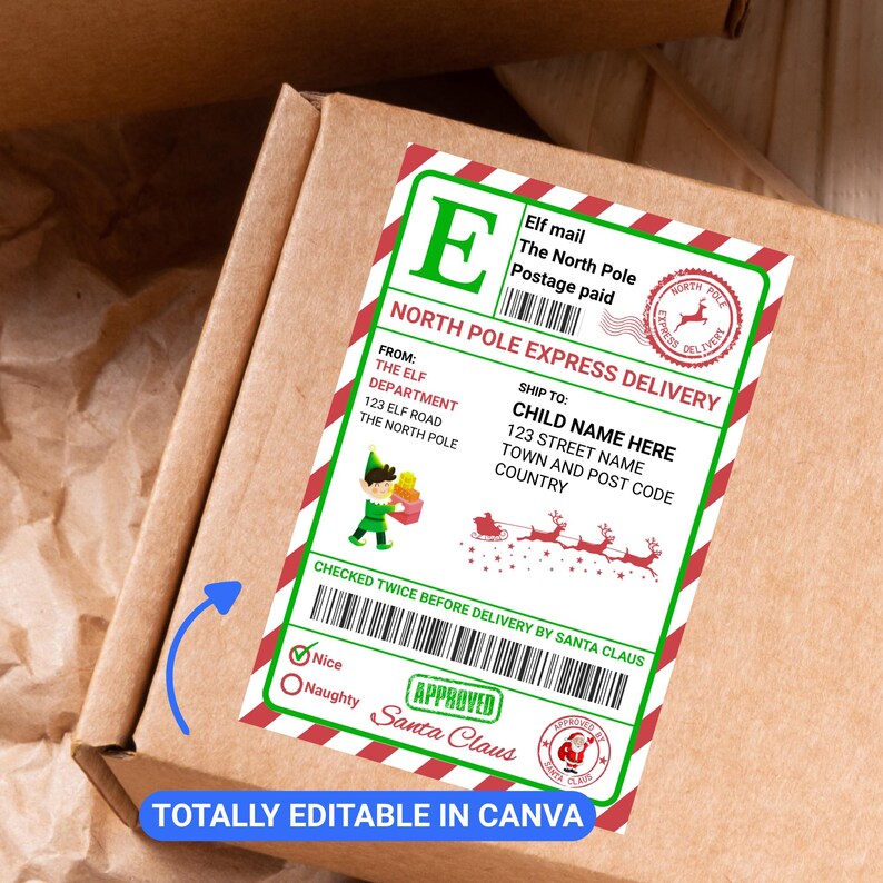 Elf Postage Label, Template Editable, Elf Mail Shipping Label, Elf ...