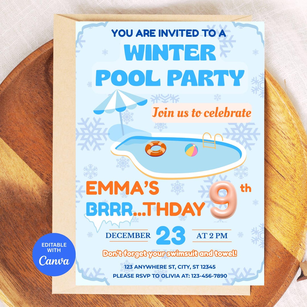 Winter Pool Party Invitation Editable Template, Winter Birthday Invite ...