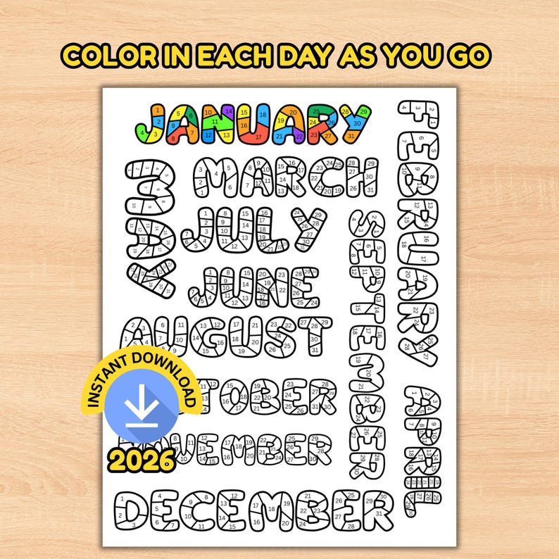 365 Day Countdown 2026 Coloring Page Printable, Habit Tracker, Goals ...