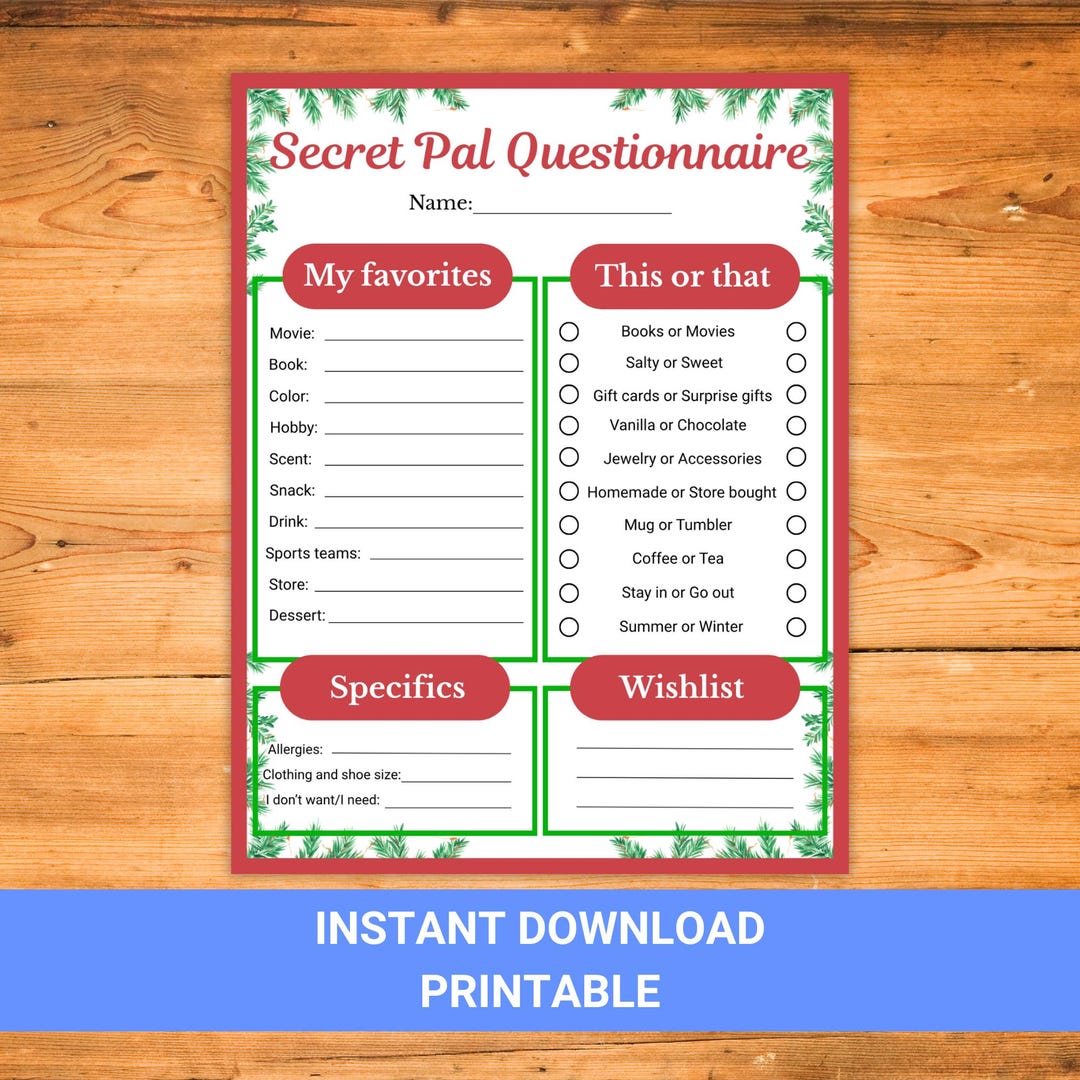 Secret Pal Questionnaire Printable, Secret Santa Question, Secret Pal Notes, Survey, My Wish ...