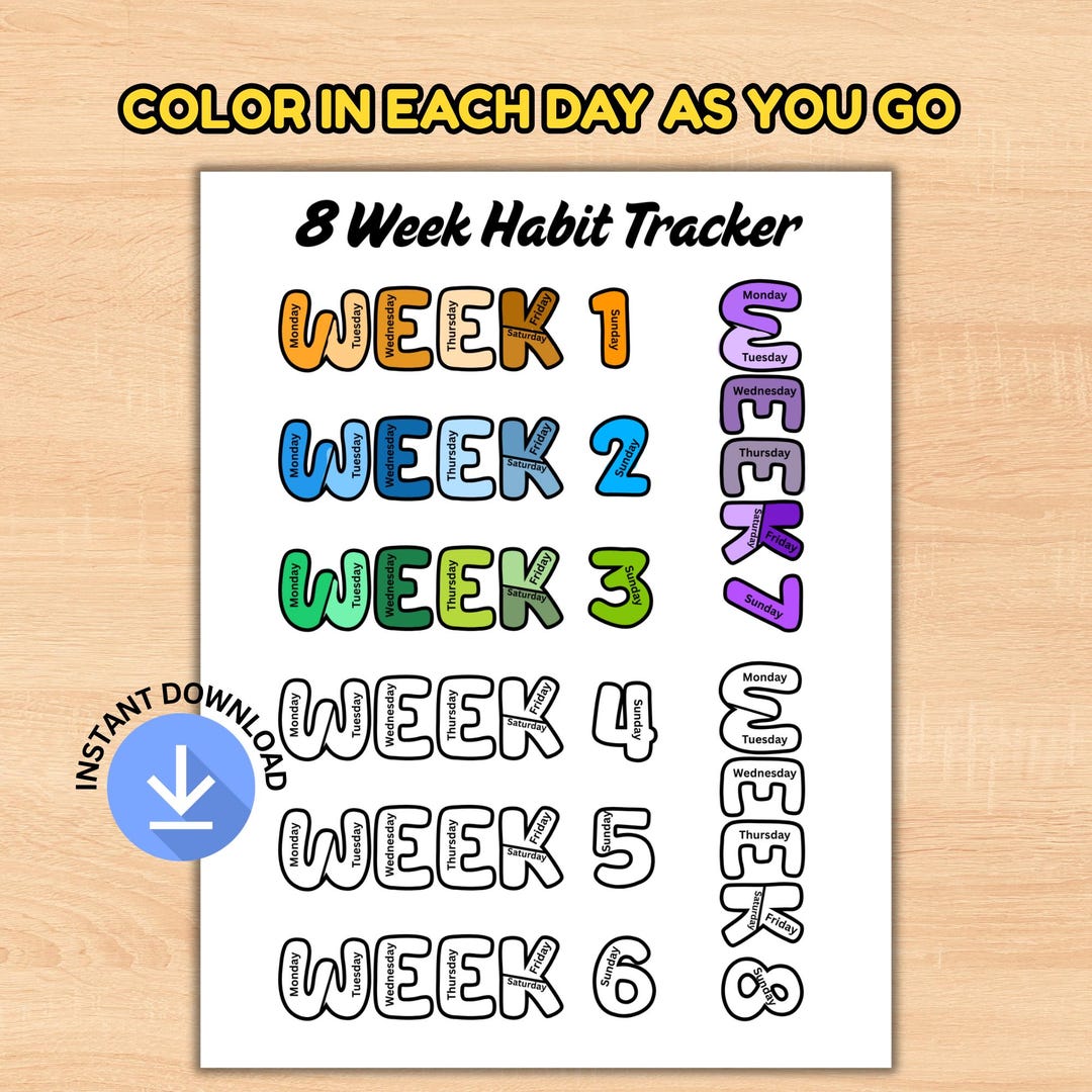 8 Week Habit Tracker Coloring Page, Goals, Fitness, Workout, Daily ...
