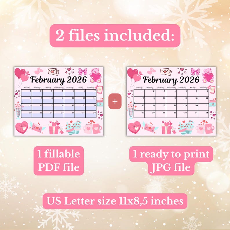 February 2026 Calendar Printable Editable, Cute Pink Calendar, Instant ...