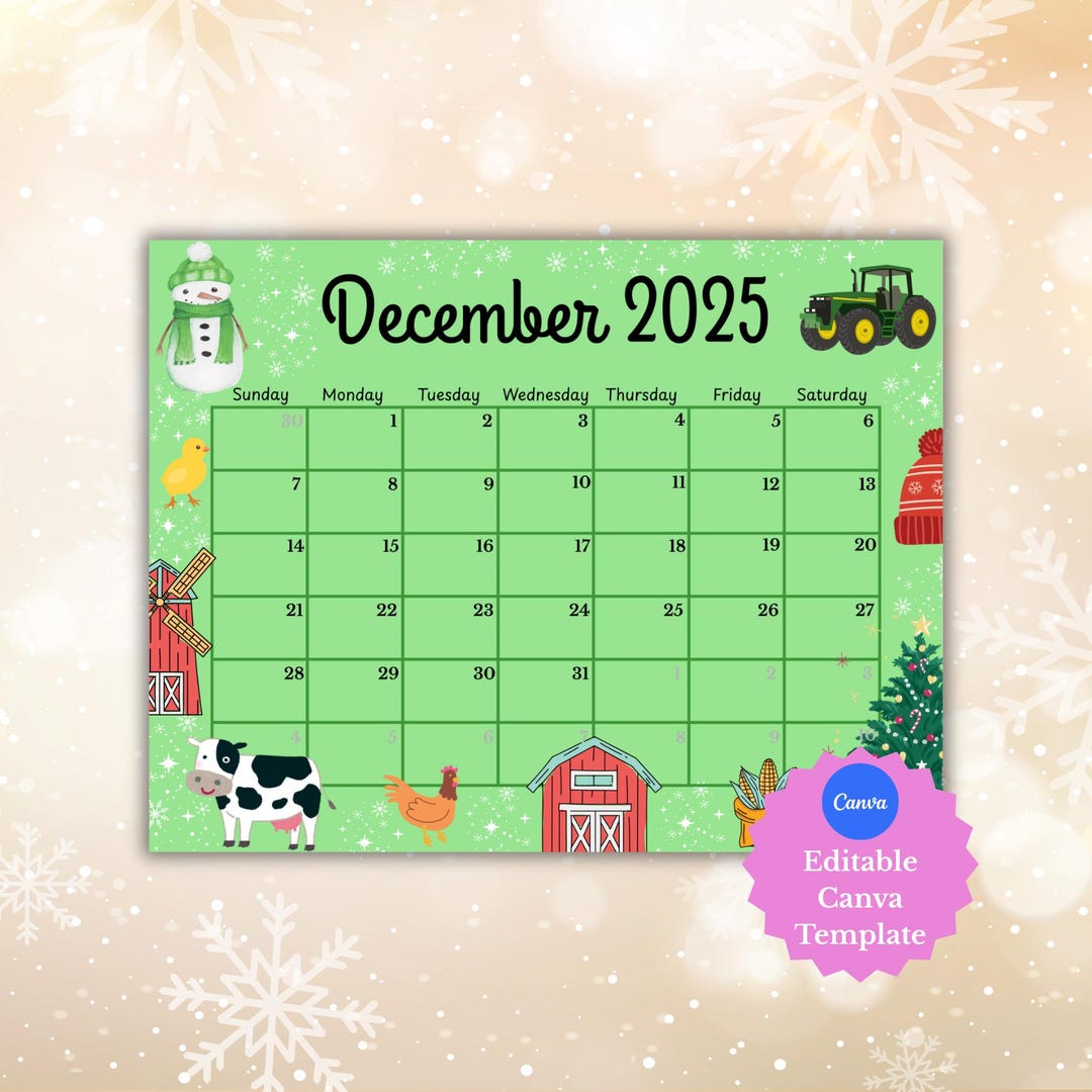 Farm Theme Calendar December 2025 Printable, Monthly Calendar Editable ...
