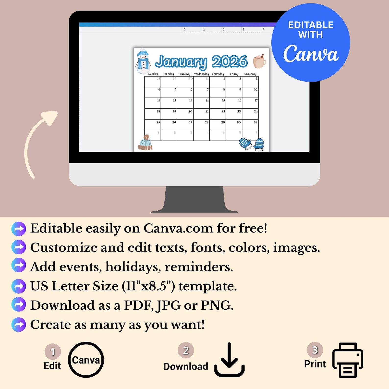 January 2026 Calendar Printable and an Editable Canva Template, Winter ...