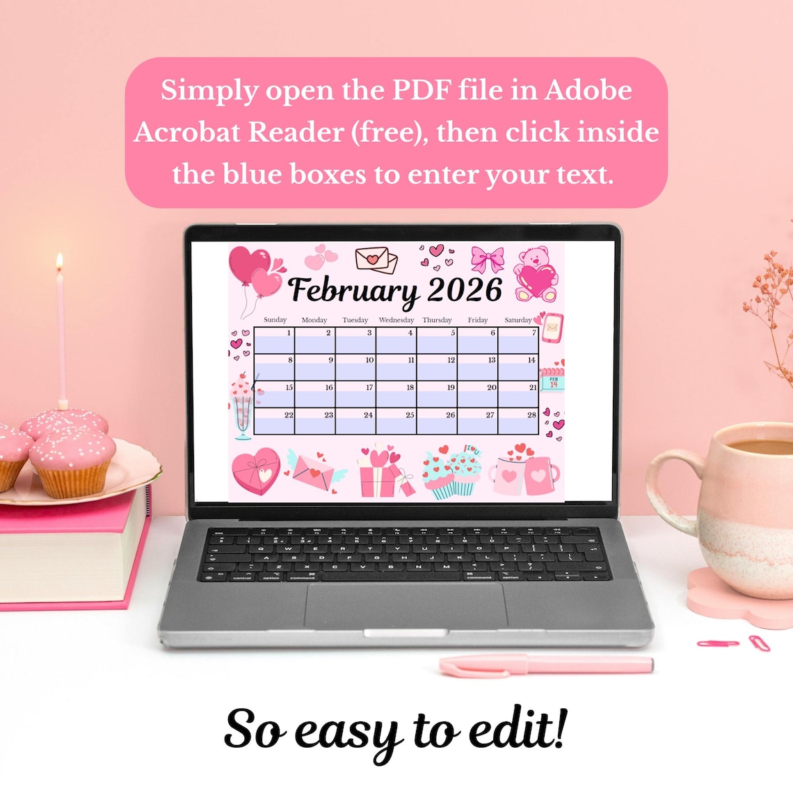 February 2026 Calendar Printable Editable, Cute Pink Calendar, Instant ...