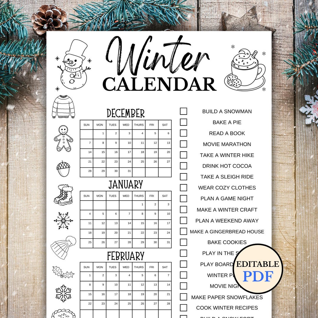 Printable Winter Calender, Calendar Winter Bucket List Activities ...