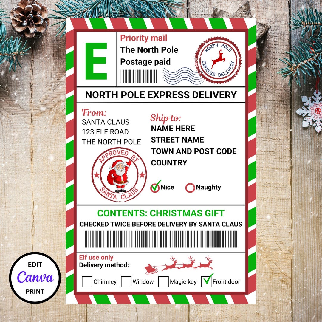 Santa Shipping Label Template Editable, Santa's Workshop, Elf Mail ...