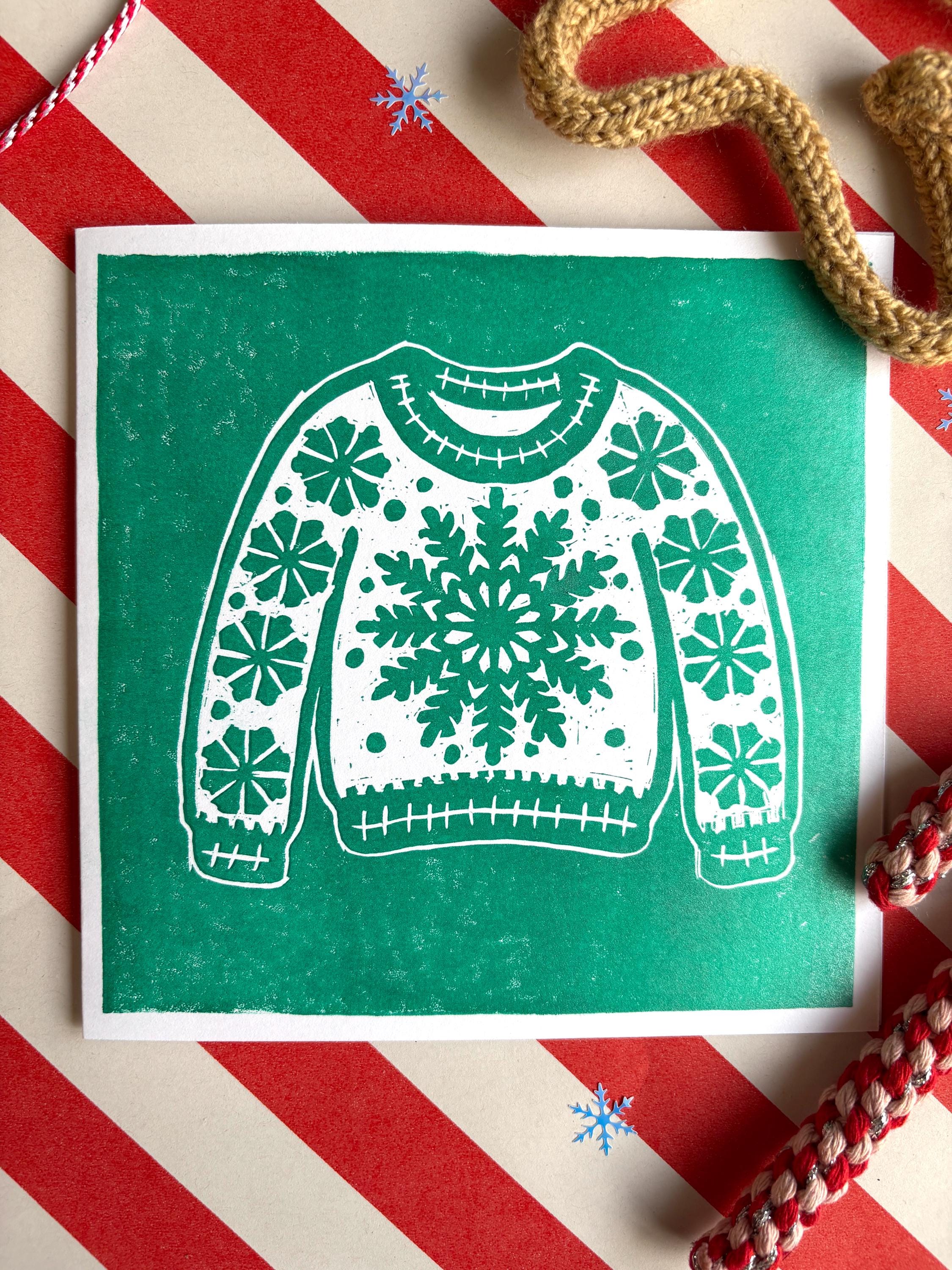 Lino Printed Christmas Card, Christmas Jumper Design - Etsy UK