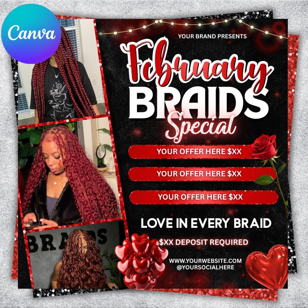February Braid Flyer, Braids Price List, Valentines Day Hairstylist ...