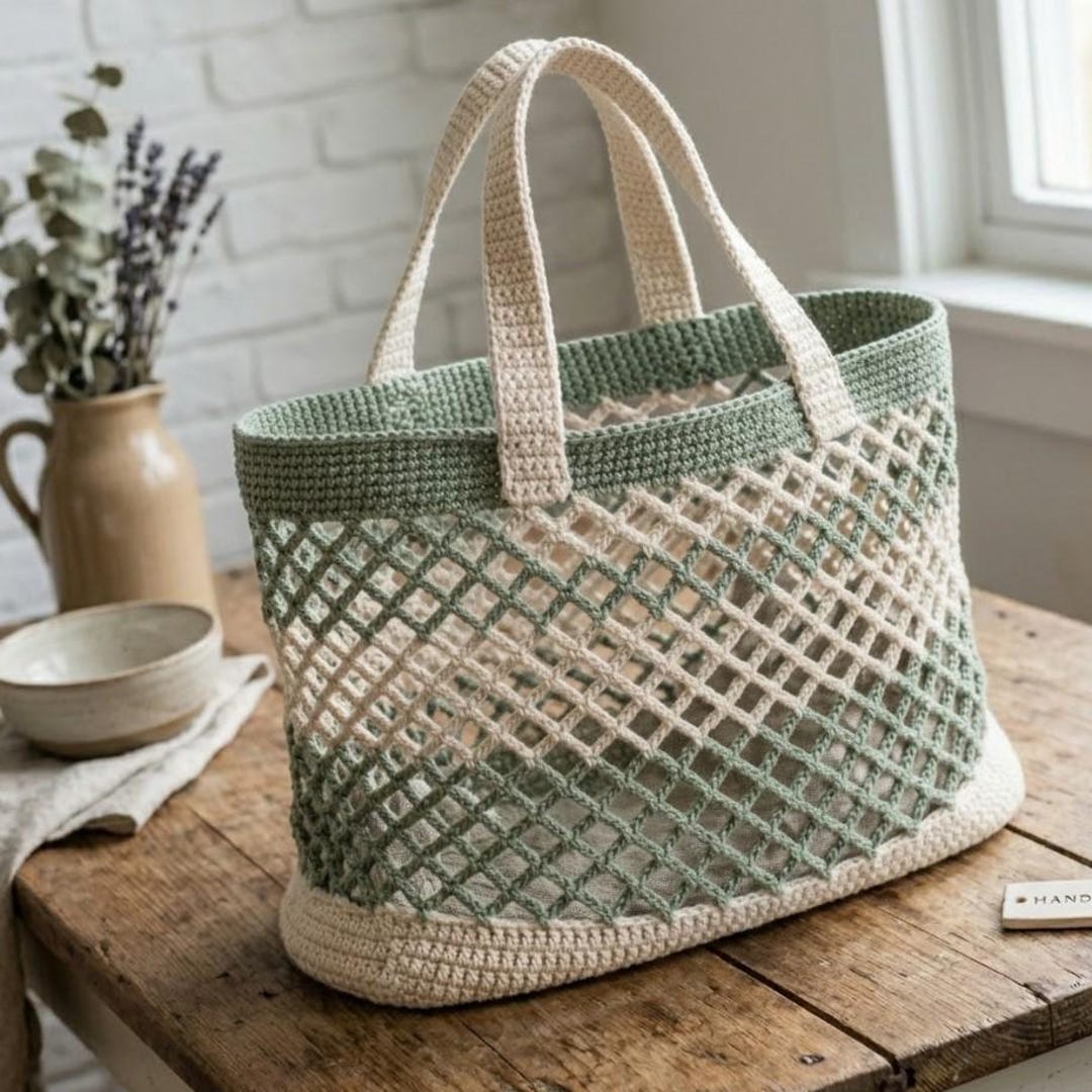 Two Tone Crochet Market Bag Pattern PDF, Diamond Mesh Beach Tote ...