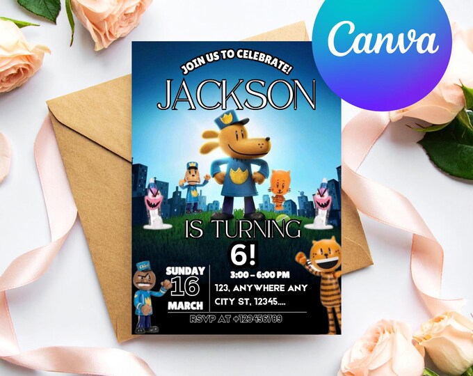 Editable Dog Man Birthday Invitation, Dog Man Invitation, Editable Kids ...