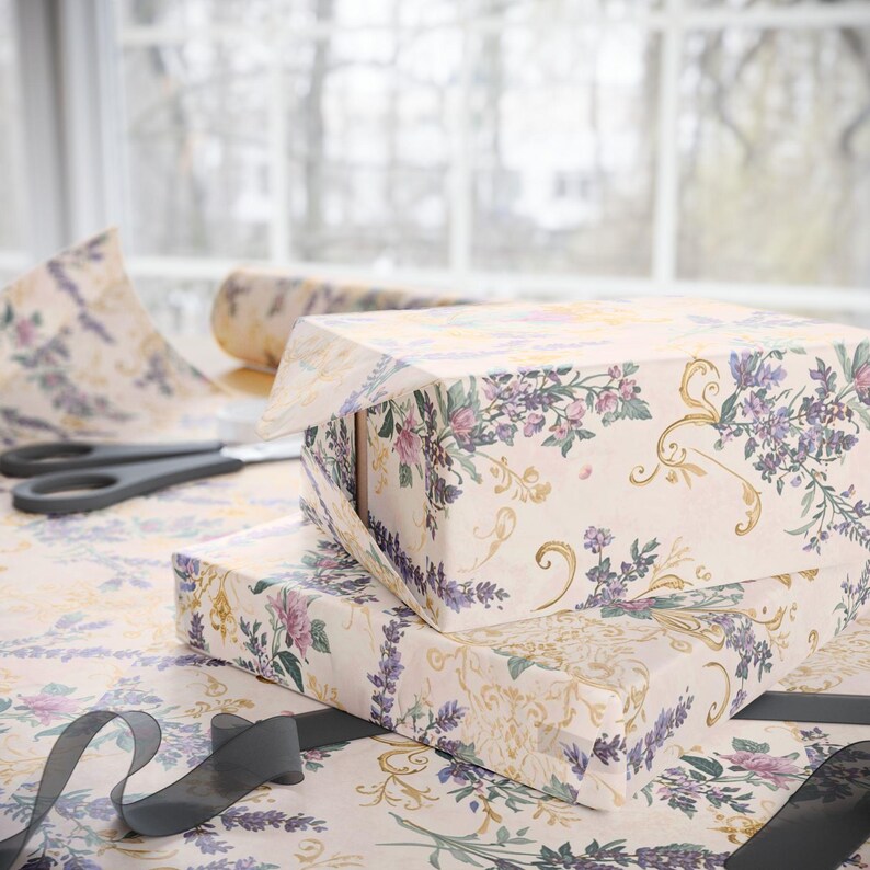 Lavande Royale Wrapping Paper: Elegant Lavender Gold Floral Design Gift ...