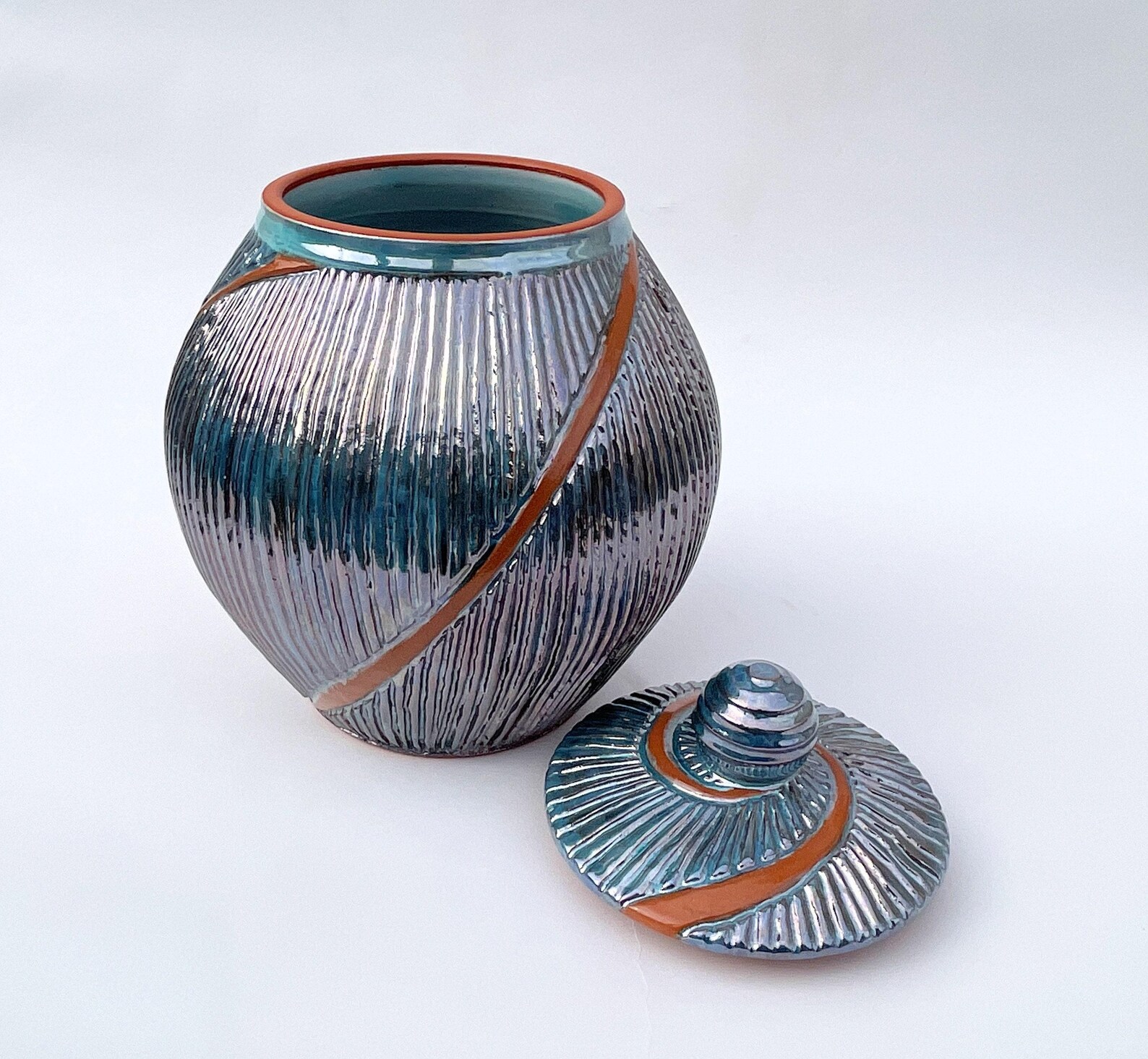 Handmade Round Covered Jar, Turquoise Lustered Decorative Large 12-inch ...