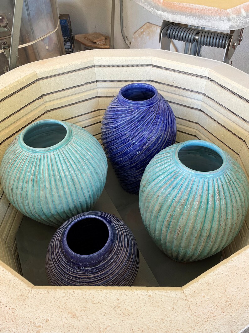 Large Turquoise Pottery Vase Tall Round Carved Vase Handmade - Etsy