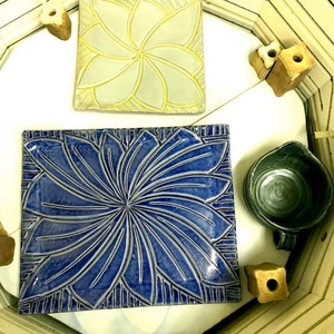 Square Ceramic Tray, Yellow and Off-white Hand Carved Decorative Plate ...