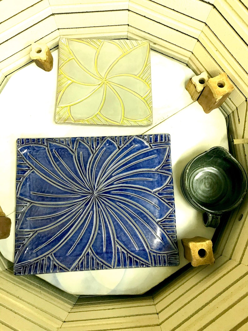 Square Ceramic Tray Yellow and Off-white Hand Carved | Etsy