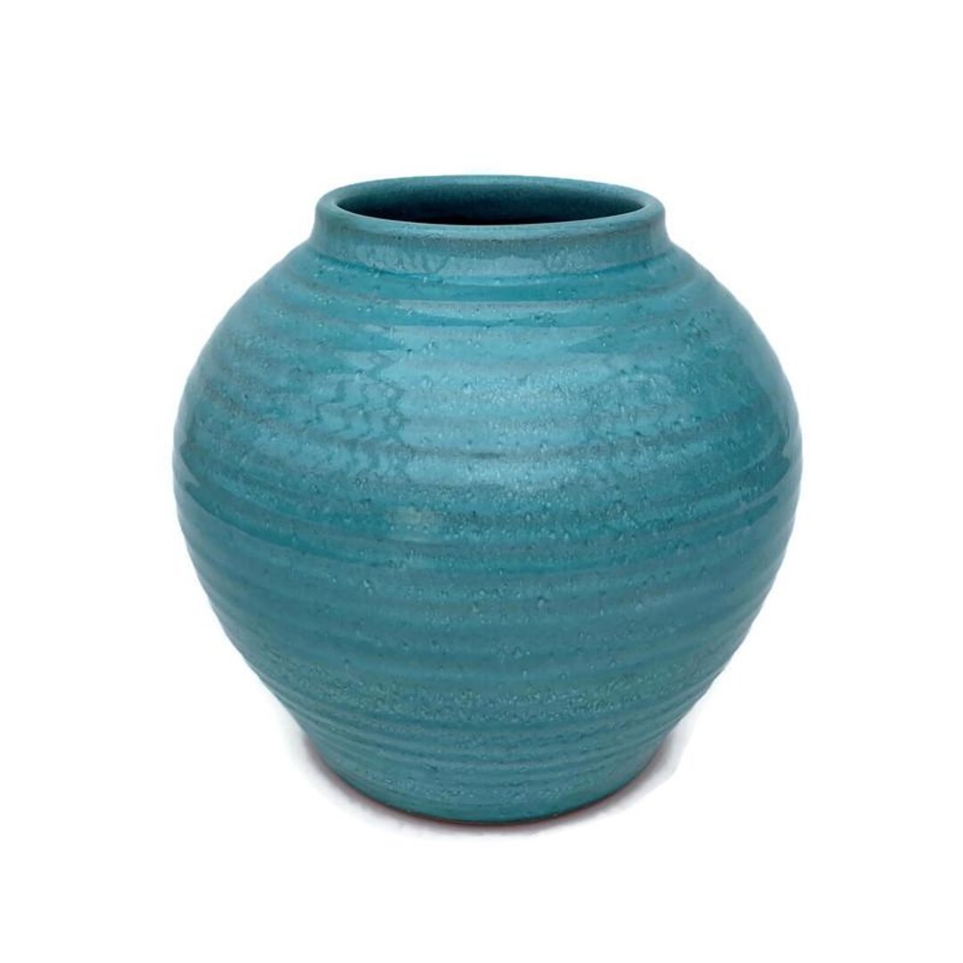 Round Pottery Vase Turquoise, Handmade Carved Earthenware, Ceramic ...