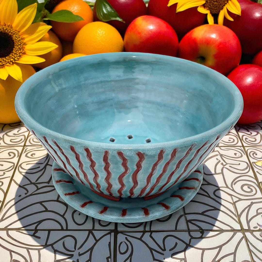 Handmade Pottery Berry Bowl With Saucer: Turquoise & Terracotta ...