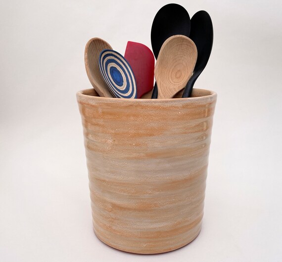 Large Utensil Crock Orange Wide Pottery Tall Ceramic - Etsy