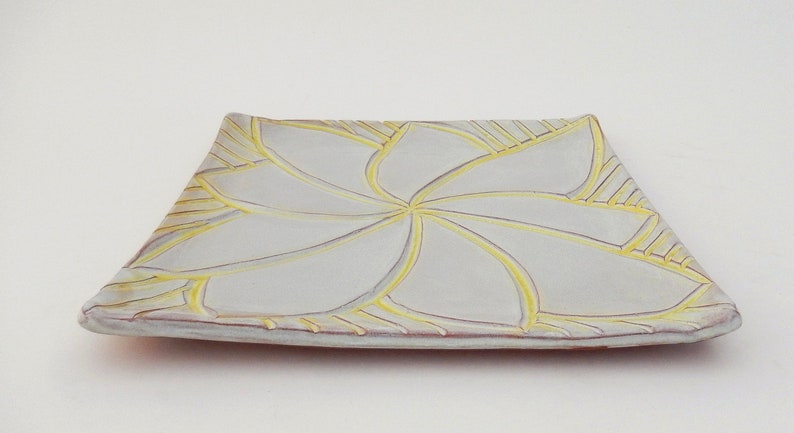 Square Ceramic Tray Yellow and Off-white Hand Carved | Etsy