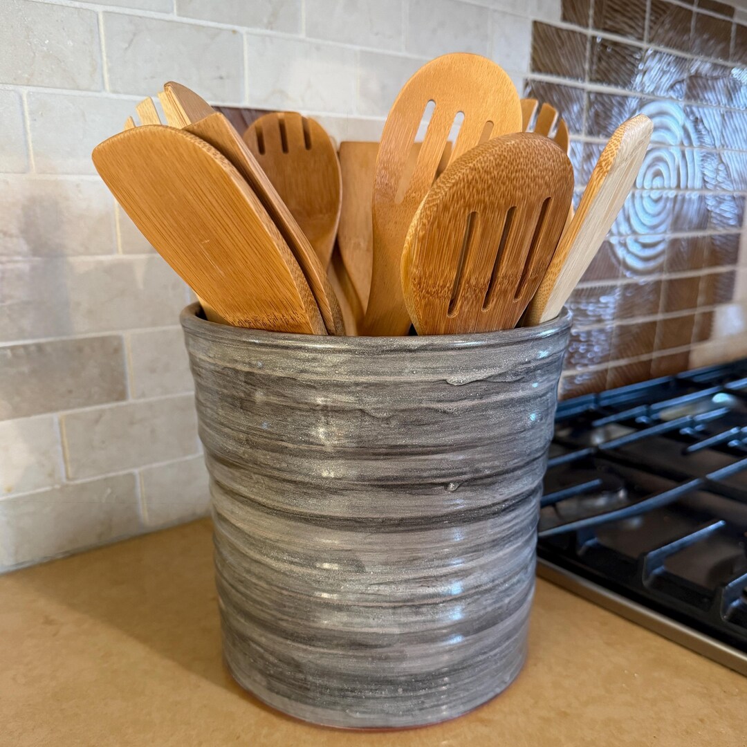 Handmade Utensil Holder, Large, Gray Ceramic Utensil Crock, Wide ...