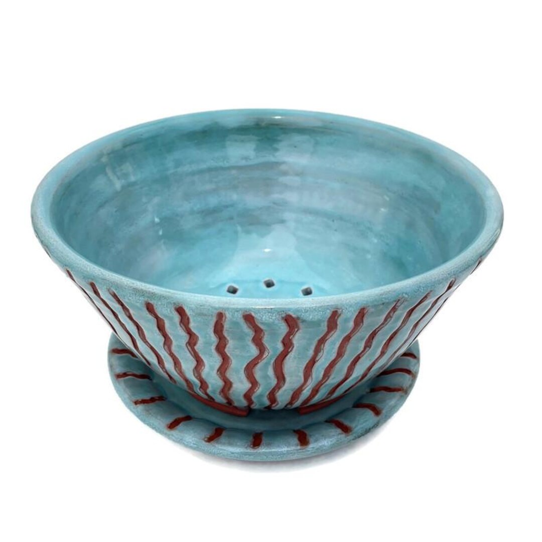 Berry Bowl With Saucer, Handmade Large Turquoise and Terracotta Ceramic ...