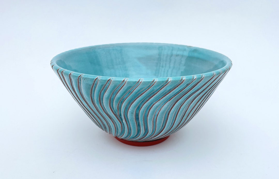 Turquoise Pottery Bowl, One-of-a-kind Ceramic Handmade Wavy Carved Bowl ...