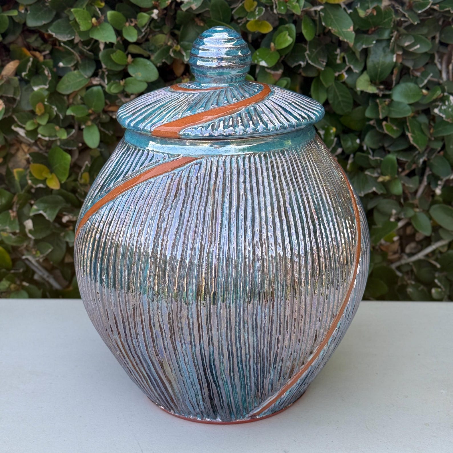 Handmade Round Covered Jar, Turquoise Lustered Decorative Large 12-inch ...