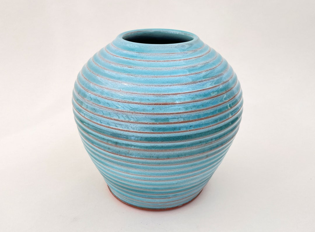 Pottery Vase Turquoise Handmade Carved Earthenware Ceramic - Etsy