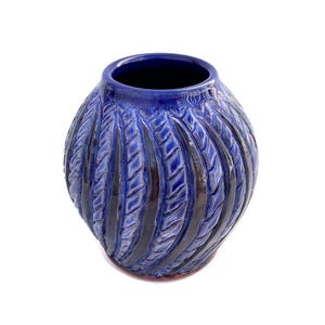 Ceramic Decorative Blue Vase, Spherical Round Ribbed Carved Ceramic ...