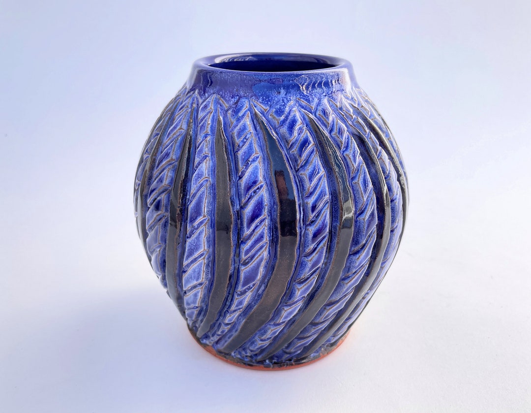 Ceramic Decorative Blue Vase, Spherical Round Carved Ceramic Vase - Etsy