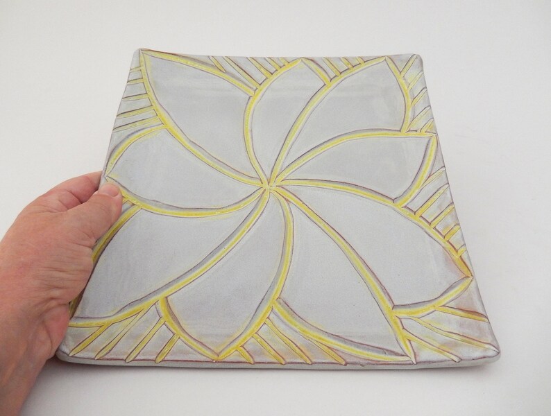 Square Ceramic Tray Yellow and Off-white Hand Carved | Etsy