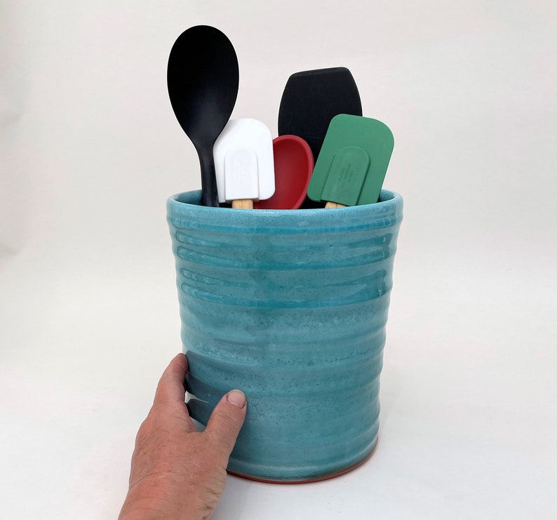 Wide Utensil Holder Turquoise Tall Ceramic Kitchen Utensil - Etsy