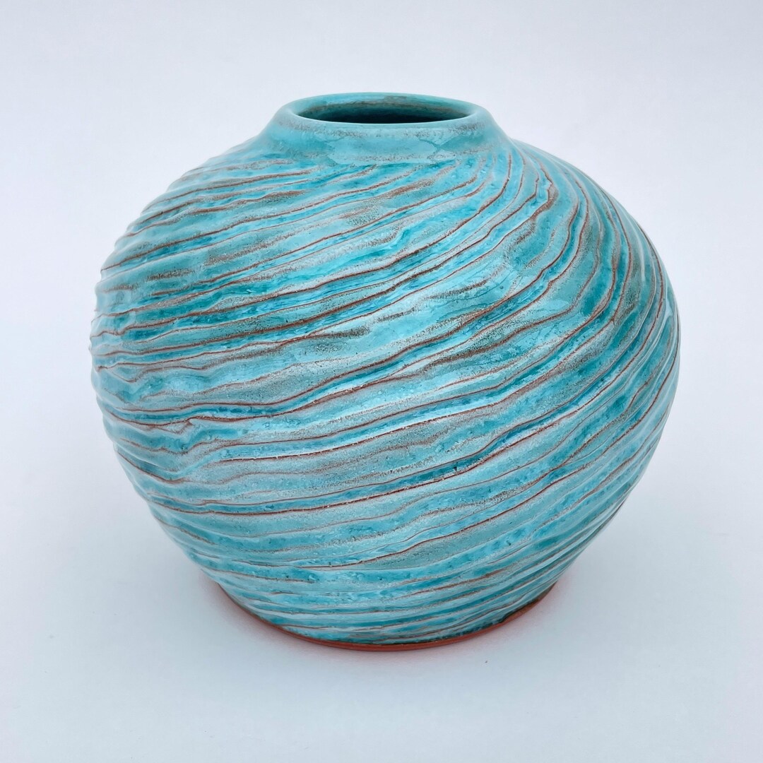 Turquoise Pottery Vase, Handmade Round Ceramic Vase for Flowers, 9th ...