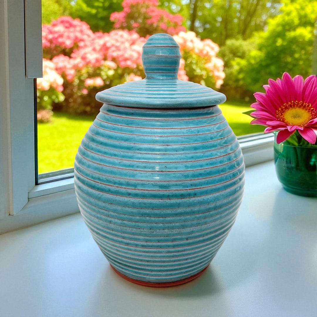Handmade Turquoise Ceramic Jar With Lid: 10-inch-tall Spherical Carved ...