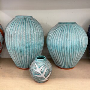 Large Turquoise Pottery Vase Tall Round Carved Vase Handmade - Etsy