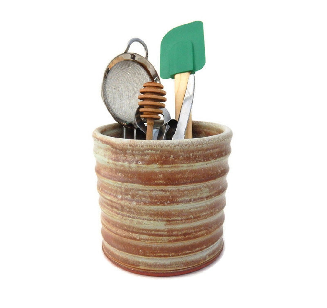 Ceramic Handmade Crock, Brown/ Tan Glaze, Functional Pottery Utensil ...