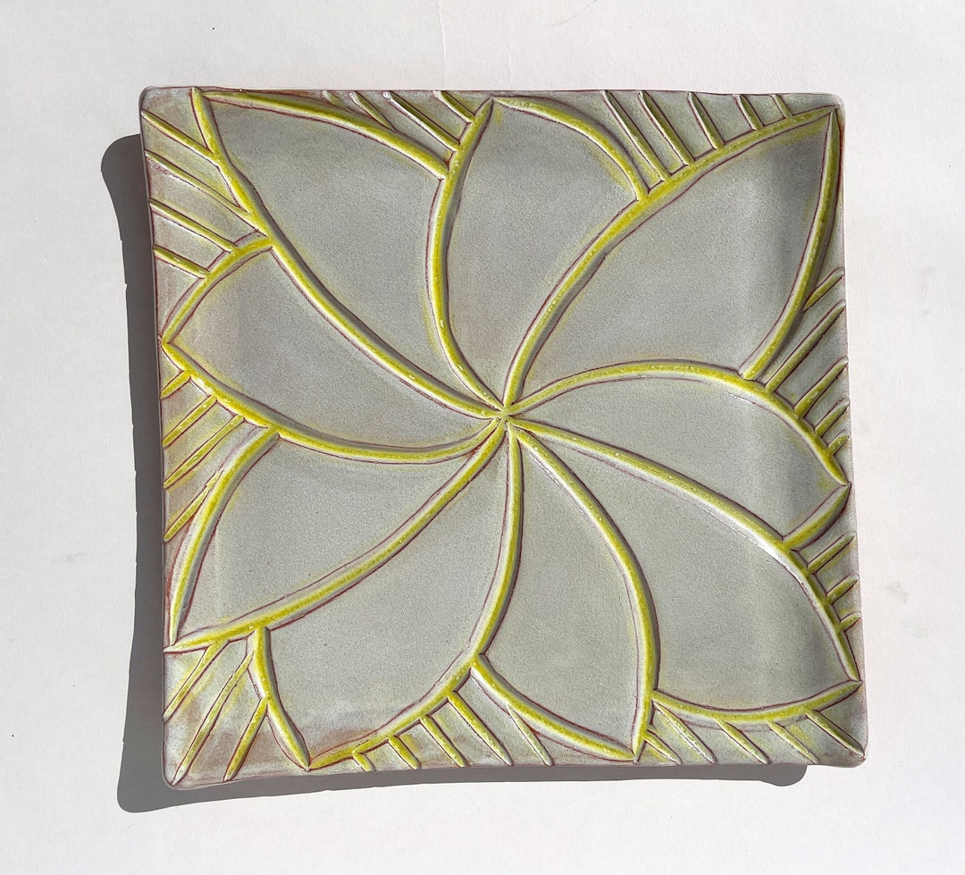 Square Ceramic Tray, Yellow and Off-white Hand Carved Decorative Plate ...