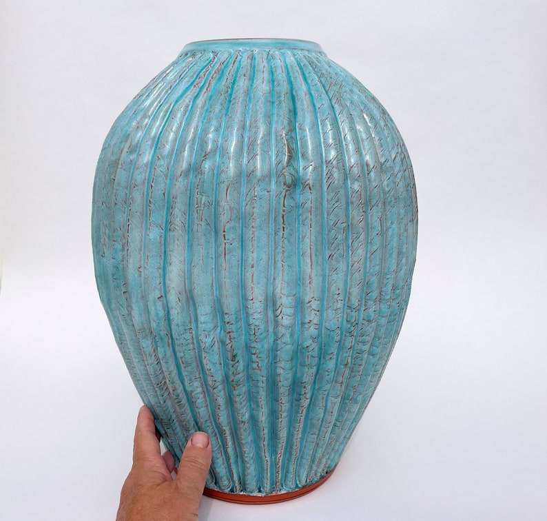 Large Turquoise Pottery Vase Tall Round Carved Vase Handmade - Etsy