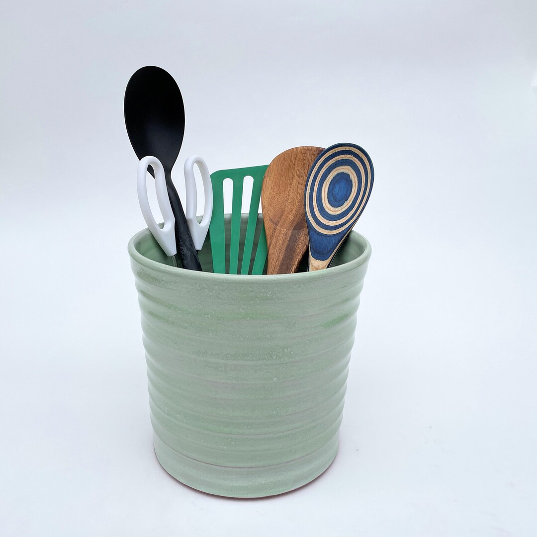 Kitchen Utensil Holder, Green, Large, Tall, Wide, Ceramic Handmade ...