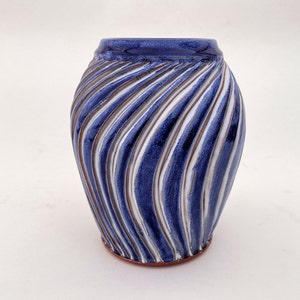 Round Blue Vase, Ceramic Handmade Decorative, Carved Pottery Flower ...