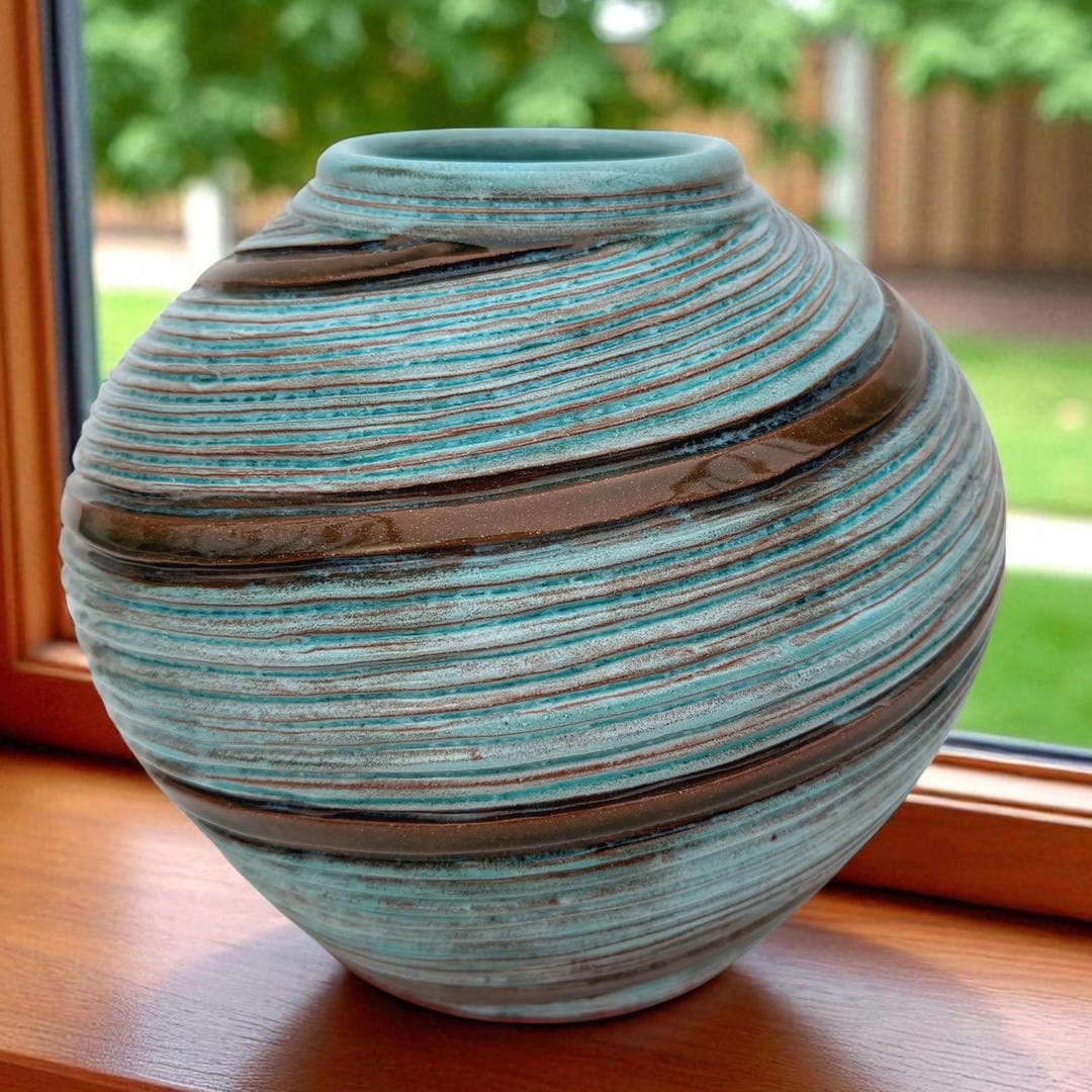 Handmade Turquoise Ceramic Vase: 7.75-inch-tall Hand-carved Spiral ...