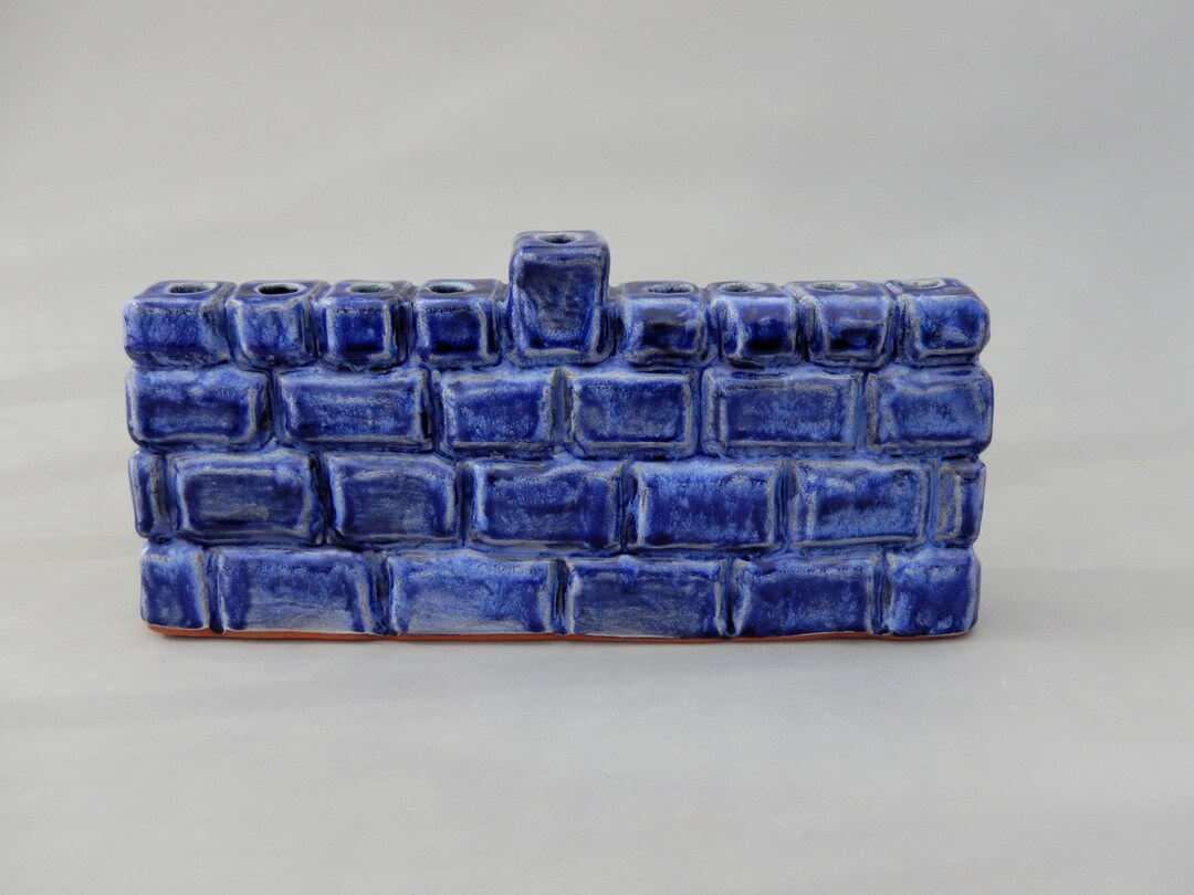 Ceramic Menorah, Blue Hanukkah Menorah, Carved Pottery Handmade ...