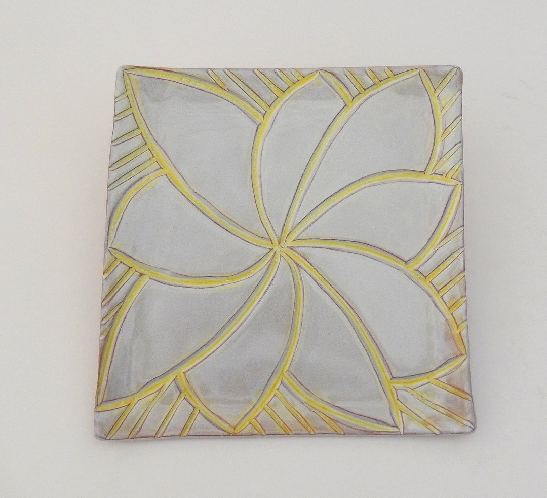 Square Ceramic Tray Yellow and Off-white Hand Carved - Etsy