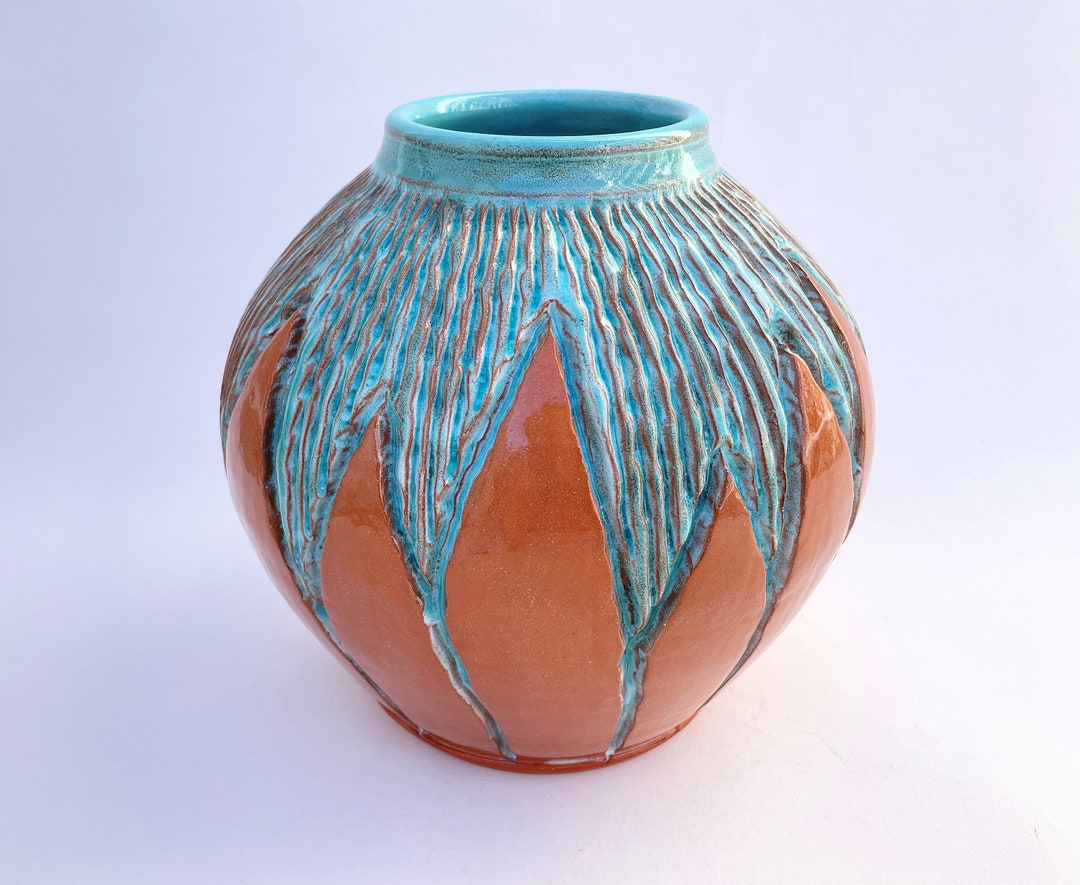 Round Ceramic Vase Turquoise and Terra Cotta Vessel Handmade - Etsy