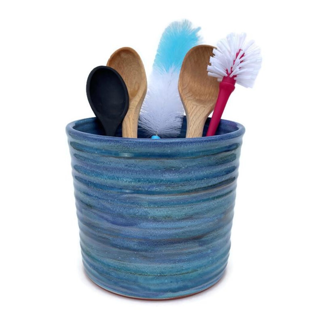 Utensil Holder Large, Wide Mottled Blue Pottery Handmade Kitchen ...